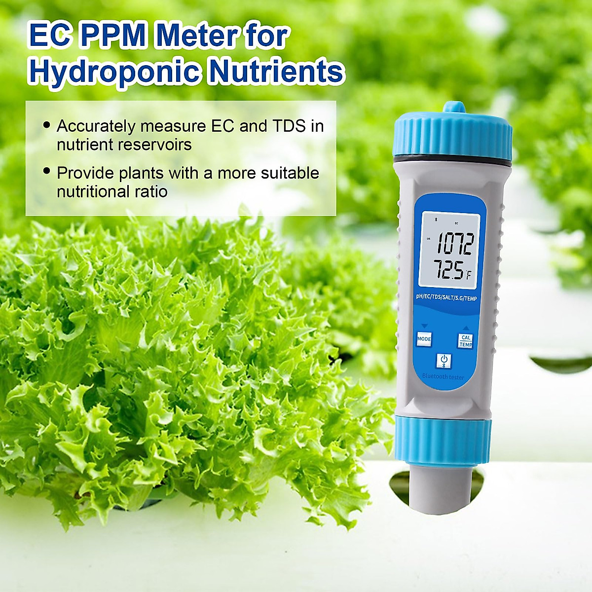 YIFAN pH Meter and EC Tester, Bluetooth Hydroponics EC PPM Meter, 6-in-1 DWC pH EC TDS Meter Digital Water Tester with ATC for Hydroponics Growing System, Agricultural Irrigation, Ponds, Aquarium