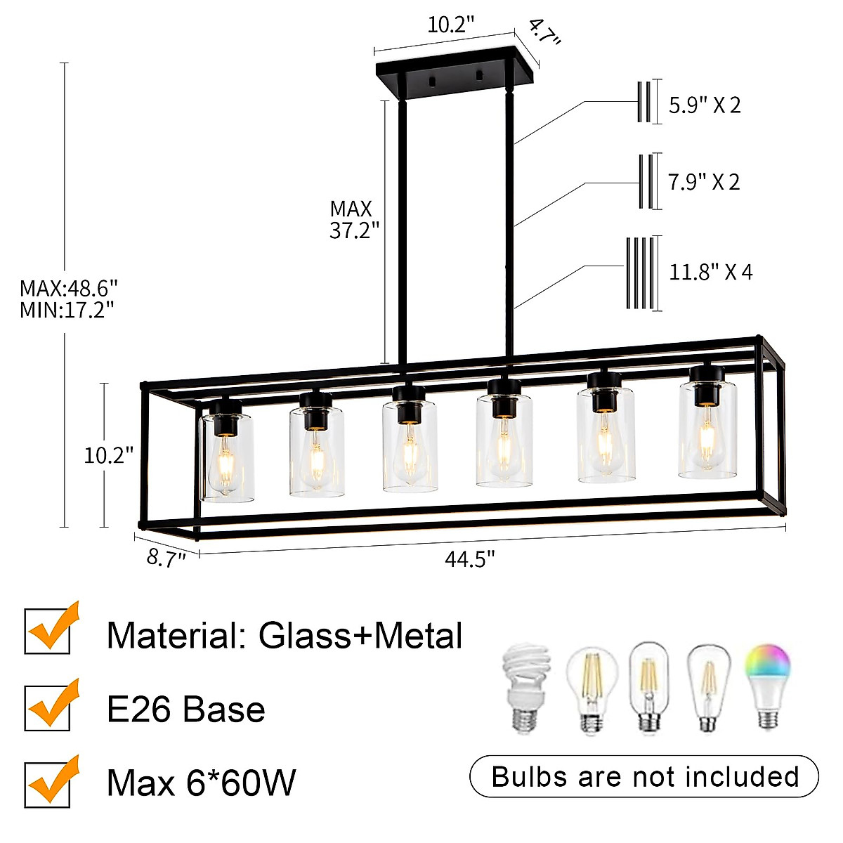 HCCZ 6 Light Dining Room Light Fixture Black Farmhouse Chandelier Kitchen Island Pendant Lighting Rectangle Modern Industrial Living Room Hanging Lights Adjustable Height