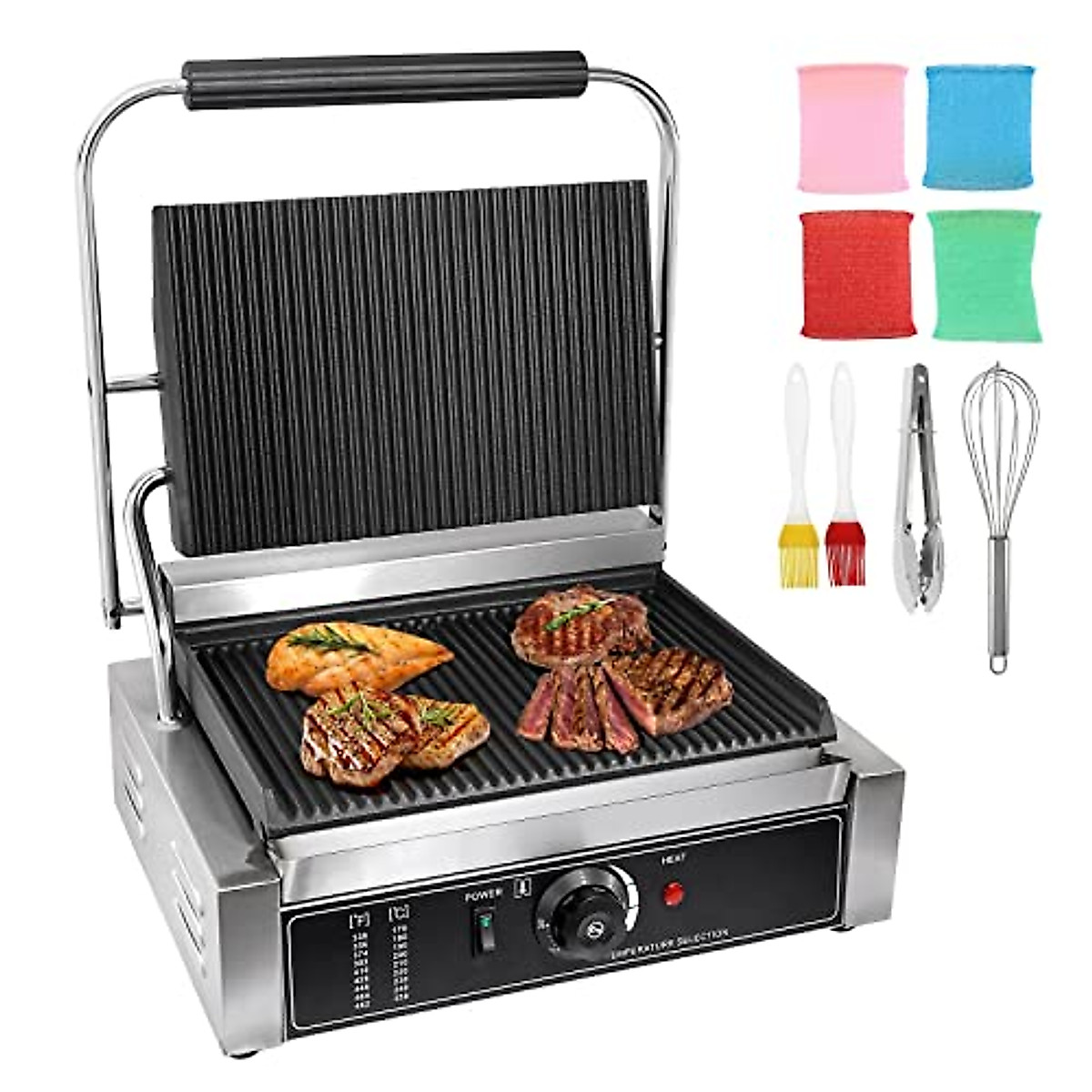 POWLAB Commercial Sandwich Panini Press Grill 2200W Sandwich Press Grill Machine Electric Stainless Steel Sandwich Maker Non Stick Surface Kitchen Equipment for Making Hamburgers Steaks Bacons