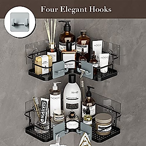 Nieifi 2 Pack Adhesive Corner Shower Caddy Shelf Organizer Rack with Hooks, Rustproof Shower Shelf Basket for Inside Shower, Bathroom, Kitchen, Black