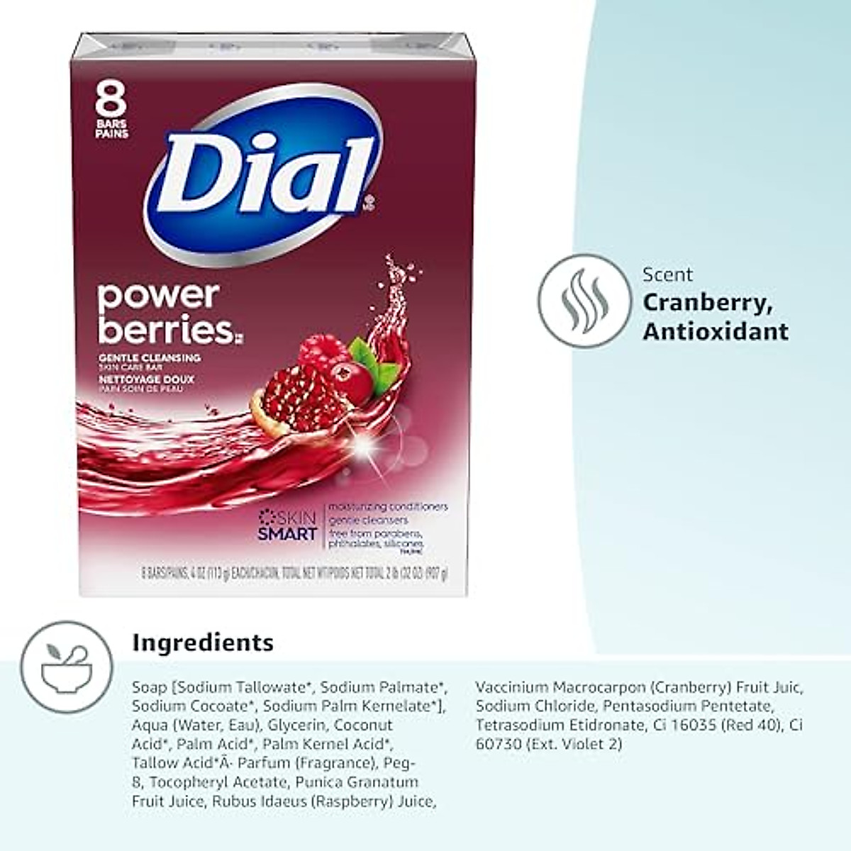 Dial Skin Care Bar Soap, Power Berries, 4 Ounce, 16 Bars