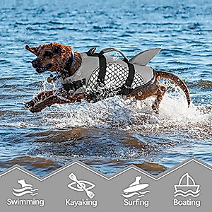HiPeep Ripstop Dog Life Jacket Adjustable Dog Life Vest Safety Lifesaver Puppy Life Preserver Superior Buoyancy Swimming Boating Rescue Handle Shark Design for Small Medium Large Dogs（Silver,L）
