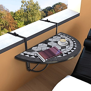 ZQQLVOO Hanging Balcony Table,Patio Table Decoration,Mosaic Table Outdoor,Mosaic Plant Stand,Garden Table,Tea Table,for Gardens,Decks,Porches and Backyards,Black and White Mosaic