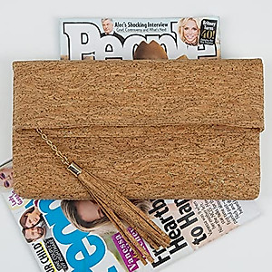 JNB Women's Cork Material Foldover Clutch with Tassel, Gold