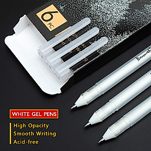 White Gel Pen Set - 0.8 mm Extra Fine Point Pens Gel Ink Pens for Black Paper Drawing, Sketching, Illustration, Card Making, Bullet Journaling, Pack of 6