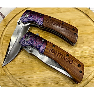 Mens Gifts Personalized Engraved Pocket Knife With Box Choice For Dad Him Husband Boyfriend Uncle Groomsmen - Ideal for Anniversary Christmas Fathers Day Birthday - Stainless steel blade material smooth wooden handle equipped with pocket clip and spring a