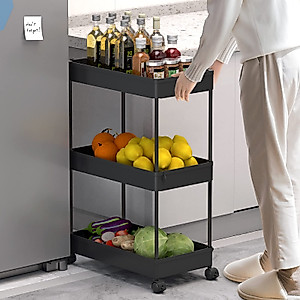 SPACELEAD 3 Tier Rolling Cart with Wheels, Storage Craft Art Cart Trolley Organizer Serving Cart, 3 Hanging Baskets Easy Assembly, for Office, Living Room, Kitchen, Black