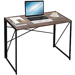 Folding Desk Simple Home Office Desk, Foldable Space Saving Computer Study Writing Table Workstation with Metal Frames/Wood Top Laptop, No Assembly Required, 39.4 Inch, Industrial Brown