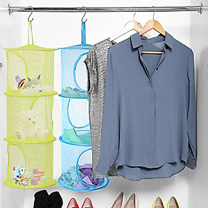 LANMOK 3pcs Hanging Mesh Storage Basket Foldable Space Saving Toy Organizer With 3pcs S hooks for Kids Room Bathroom Wall Balcony Wardrobe