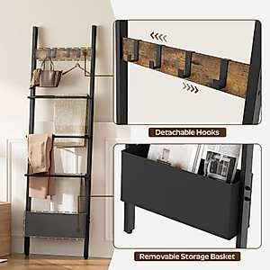 YATINEY Blanket Ladder, 5-Tier Towel Ladder with Hooks and Basket, Wall-Leaning Blanket Holder, Display Towel Rack Shelf, for Living Room, Rustic Brown and Black CJ02BR