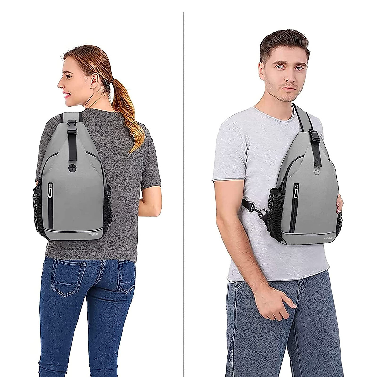 MOSISO Sling Backpack,Multipurpose Travel Hiking Daypack Rope Crossbody Shoulder Bag with Front Buckle Pouch&Reflective Strip, Black