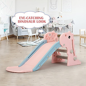 3 in 1 Freestanding Toddler Slide, Afaris Indoor Outdoor Playground with Basketball Hoop and Ball for Kids Boys Girls Under 3 Years, Pink