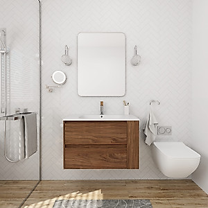 Wall Mounted Bathroom Vanity with Gel Sink Modern 30-Inch Single Bathroom Vanity Set with Top Basin & Storage Cabinet Brown Wood Hanging Bath Cabinet for Small Space Bathroom (Brown)