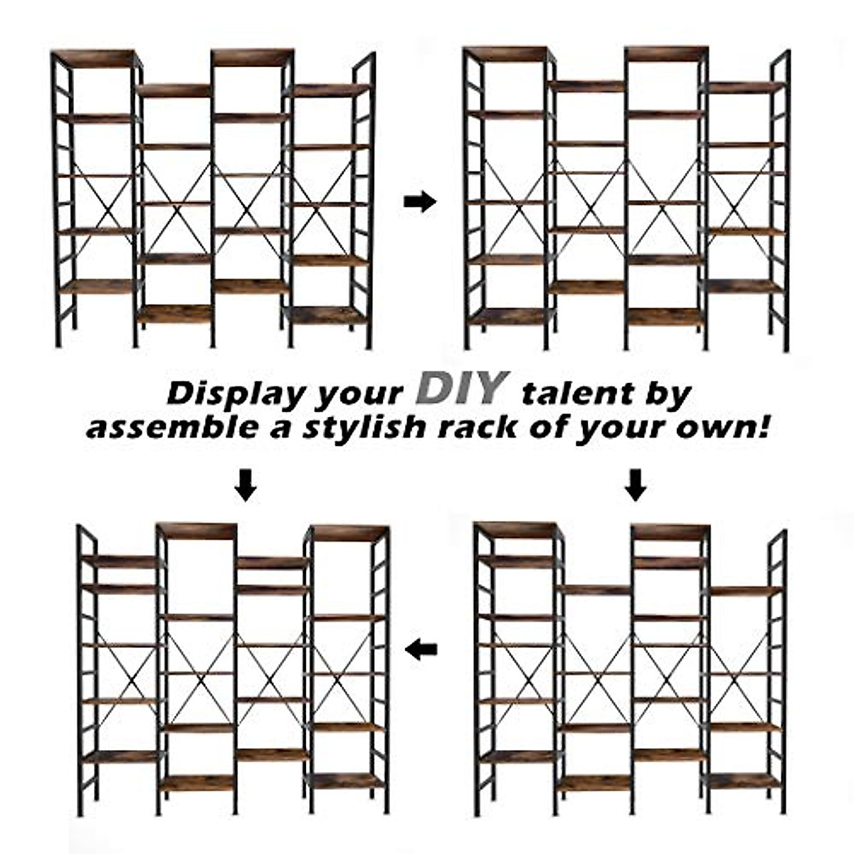 LAVIEVERT Quadruple Wide 5-Tier Bookcase Etagere Large Open Bookshelf Rustic Industrial Style Shelves with Metal Frame & Vintage Wood for Home & Office - Rustic Brown