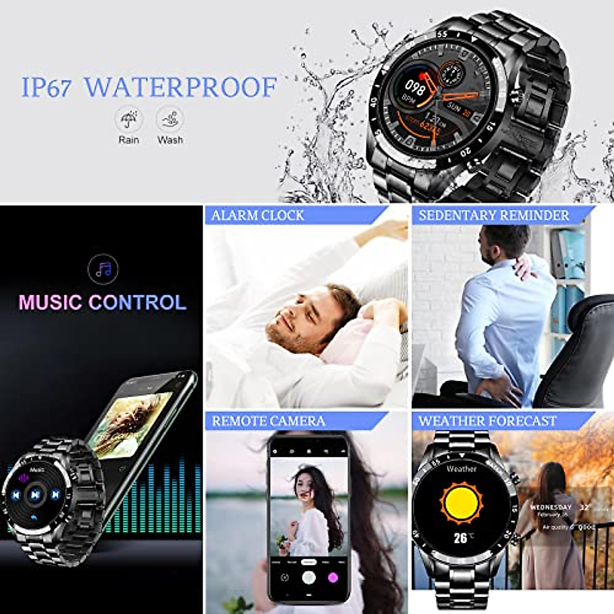 FILIEKEU Men Smart Watch for Android iOS, Bluetooth Calls Voice Chat with Heart Rate/Sleep Monitor Fitness Tracker, 1.3" Full Touch Screen IP67 Waterproof Stainless Steel Activity Tracker for Men