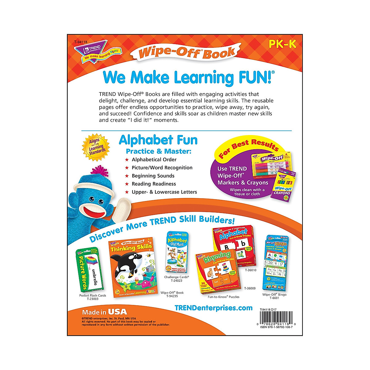 Trend Enterprises Alphabet Fun Sock Monkeys Wipe-Off Book
