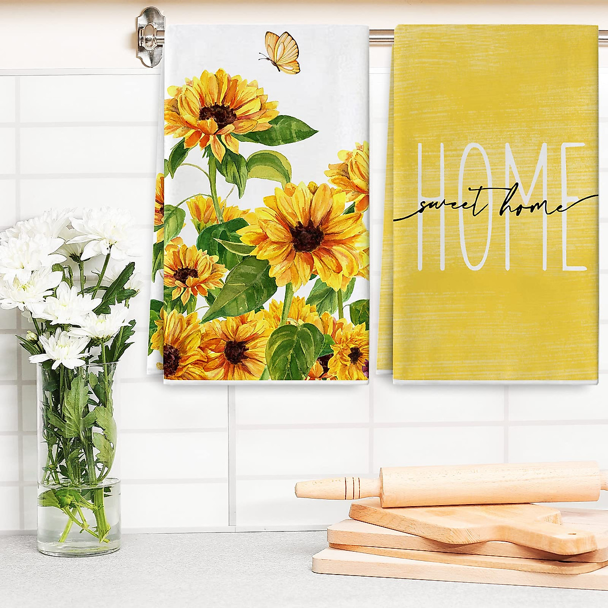 AnyDesign Sunflower Kitchen Towel Home Sweet Home Floral Dish Towel Spring Summer Flower Butterfly Hand Drying Tea Towel for Seasonal Cooking Baking Cleaning, 18 x 28 Inch, 2 Packs
