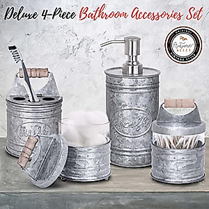Autumn Alley Rustic Bathroom Accessories Set 4 - Galvanized Farmhouse Soap Dispenser, Rustic Toothbrush Holder, 2 Apothecary Jars Qtip Holder - Rustic Bathroom Decor – Farmhouse Bathroom Accessories