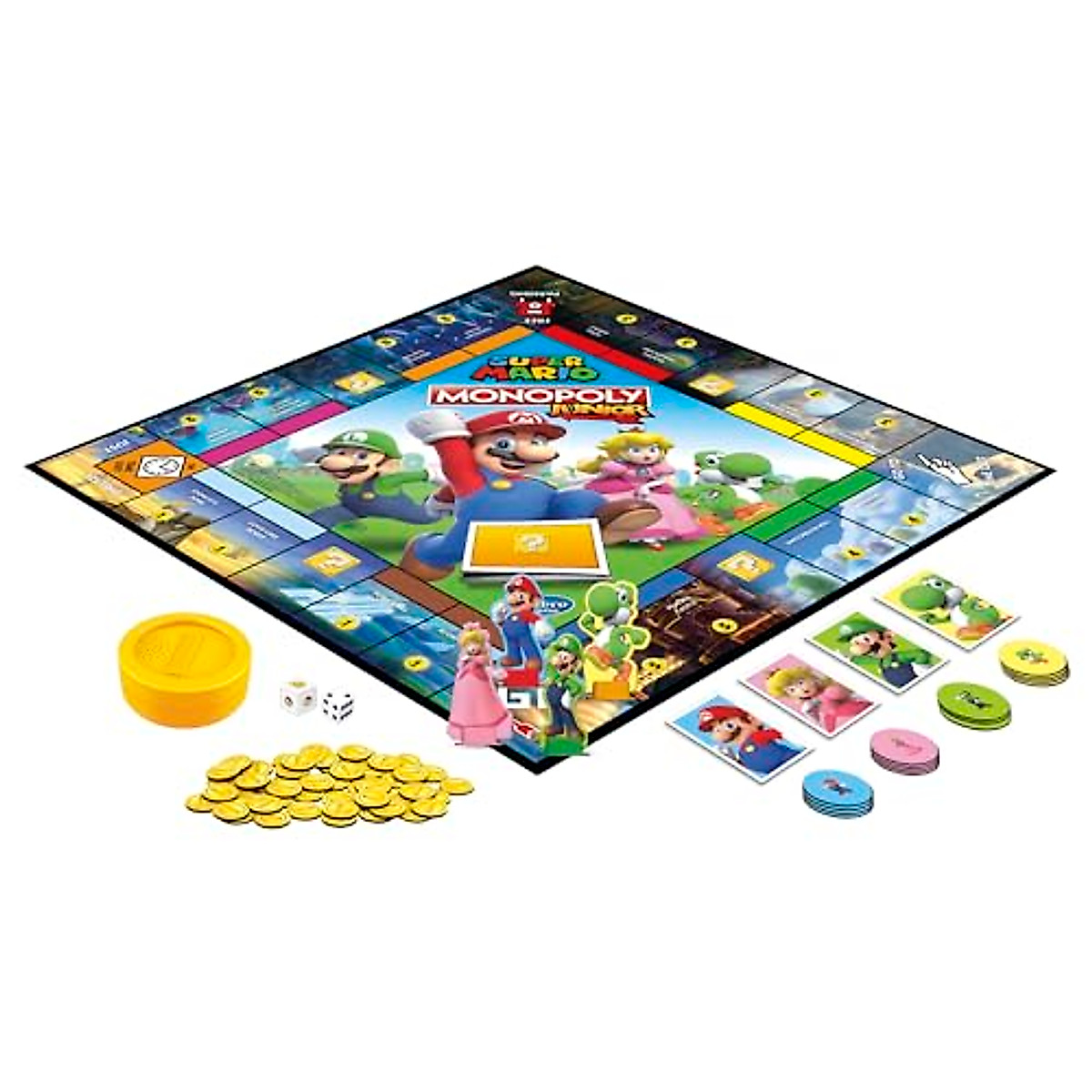 Monopoly Junior Super Mario Edition Board Game, Fun Kids' Ages 5 and Up, Explore The Mushroom Kingdom as Mario, Peach, Yoshi, or Luigi (Amazon Exclusive)