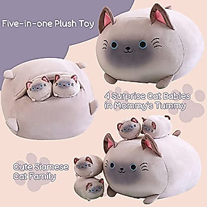 SQEQE Siamese Cat Plush, Cute Siamese Cat Stuffed Animals Mommy with 4 Squishy Kitties in her Tummy, Soft Siamese Cat Plushies Pillow Gifts for Kids