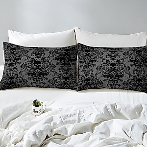 Adults Black Damask Bedding Set Antique Victorian Baroque Duvet Cover Queen Size Gothic Vintage Floral Comforter Cover Exotic Sugar Skull Quilt Cover Queen,Gothic Bone Skeleton Bohemian Decor,Grey