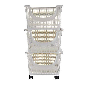 Mind Reader 3-Tier Stackable Containers Rolling Plastic Bins, Storage Baskets, Ivory
