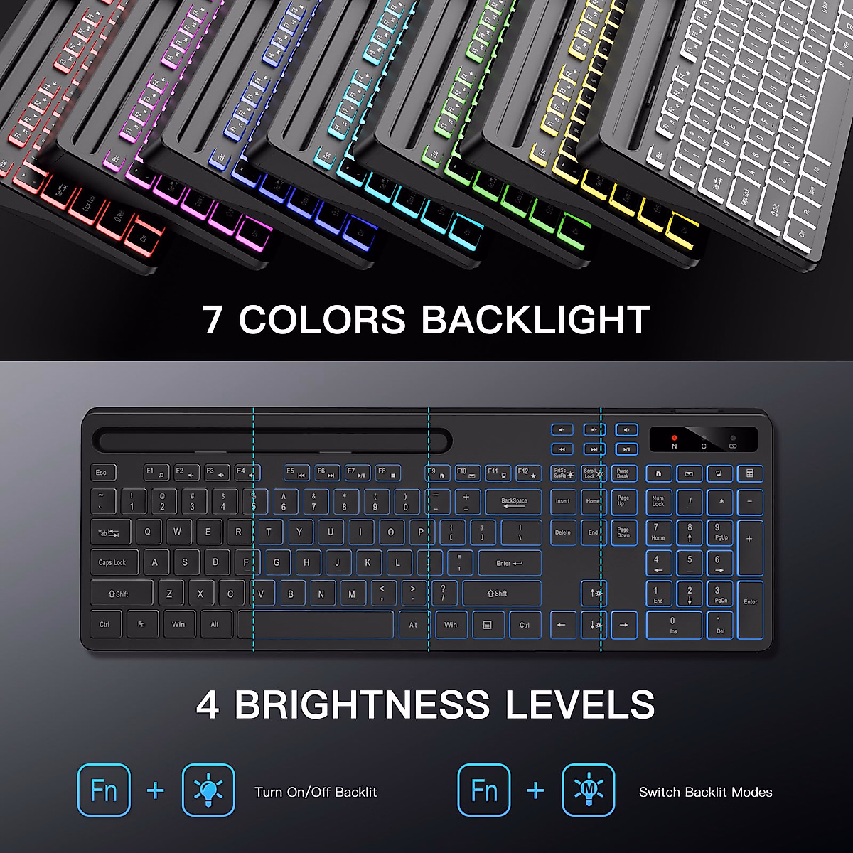 Soueto Wireless Keyboard with 7 Colors & 4 Modes RGB Backlit, Ergonomic Keyboard with Wrist Rest, Phone Tablet Holder, 2.4G Light Up Computer Keyboard with Numeric Keypad for Mac, Windows