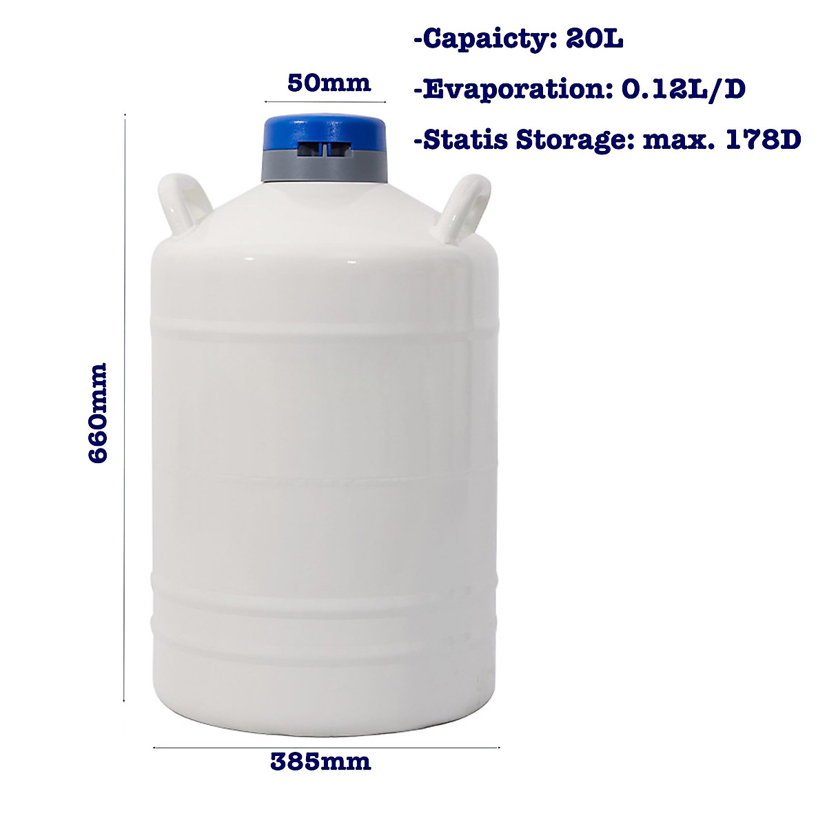 Generic Liquid Nitrogen Tank, 20L Cryogenic Container, Liquid Nitrogen Dewar, Liquid Nitrogen Container with Lock Cap, 6X Canisters & Protective Bag, Mouth Ø50mm, Static Storage 178 Days