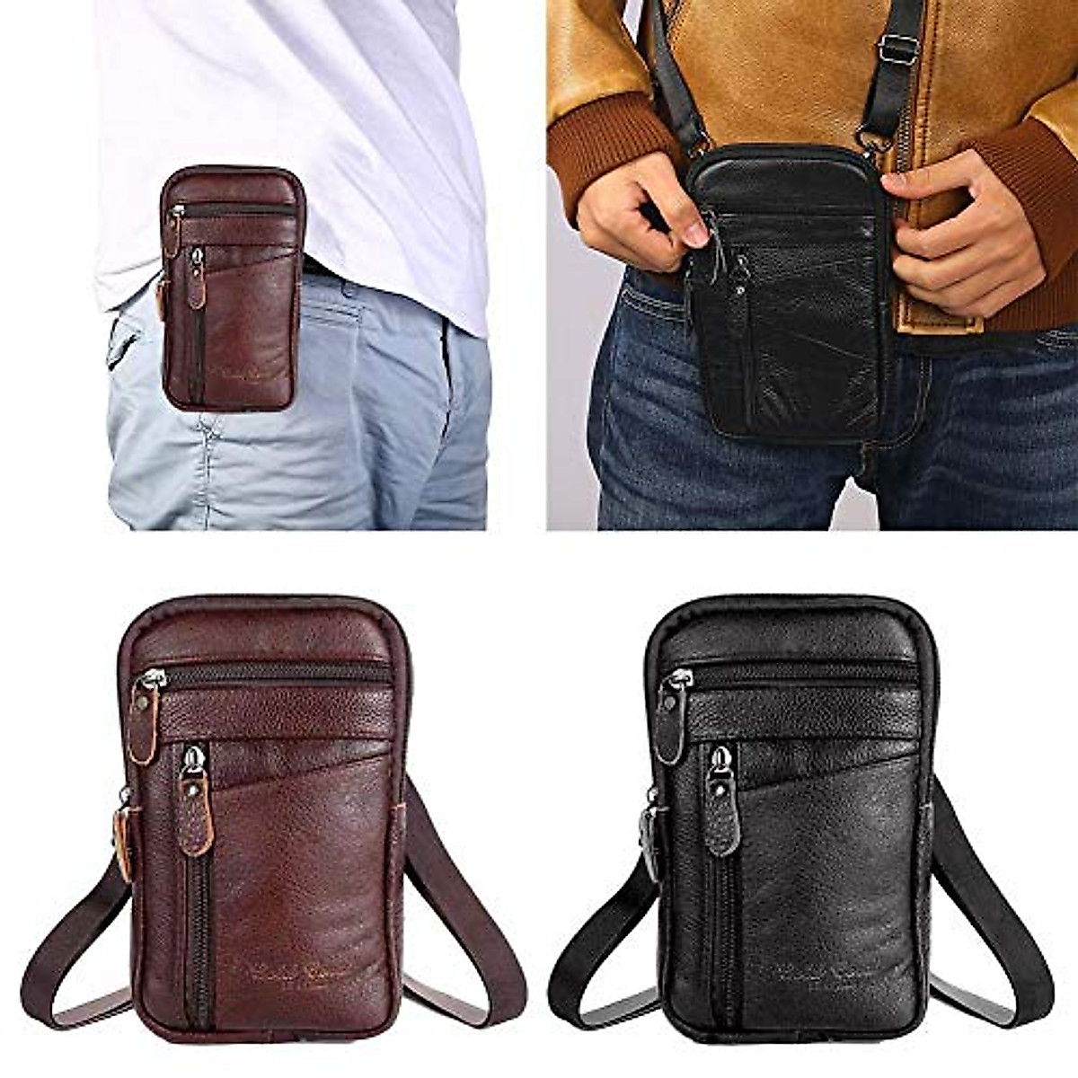KRONDO Men's Leather Handbag Bag Small Crossbody Shoulder Bags Phone Wallet Satchel Pocket Camping Casual Daypack-Black