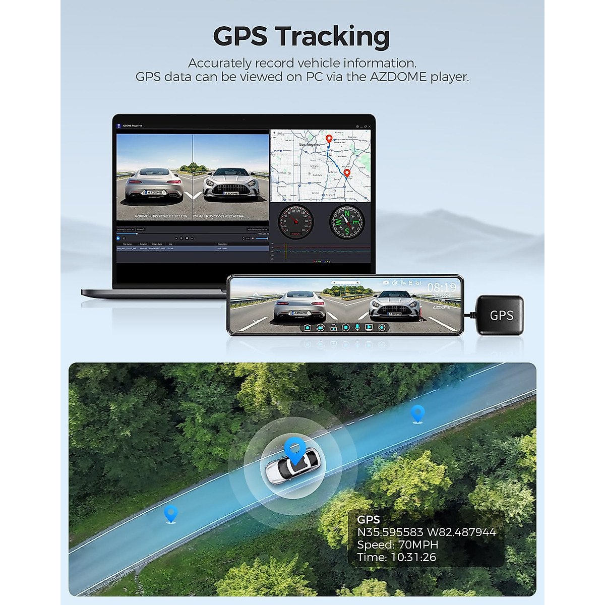 AZDOME 12" Mirror Dash Cam with 4K Detached Front Camera, Rear View Mirror Camera with Sony IMX335, WDR Night Vision, GPS, IPS Full Touch Split Screen, Free 64GB Card, Parking Assistance PG18S