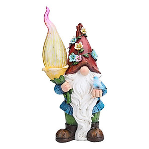 Ovewios Garden Gnome Statue - Large Gnomes Figurine in Red Flower Hat with Solar Light Resin Garden Decoration for Outside Patio Yard Lawn Porch Outdoor Summer Decoration Gifts…