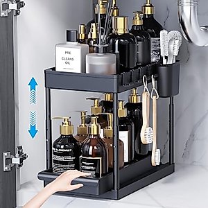 ESSBLIN Under Sink Organizer,1 Pack Height Adjustable Under Cabinet Storage for Bathroom Kitchen Cleaning Supplies with Hooks Hanging Cup,2 Tier Sturdy Large Capacity Pull Out Drawer Black