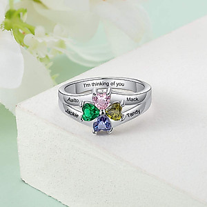Personalized Mothers Ring with 4 Heart Simulated Birthstones and 4 Names Customized Family Rings for Women Promise Rings for Her (Size 8)