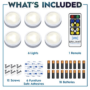 Brilliant Evolution Tap Light Push Lights 6pk w/Batteries + Remote, LED Stick On Lights Under Cabinets Battery Puck Lights with Remote - Under Counter Lighting Wireless Closet Kitchen Night Lights