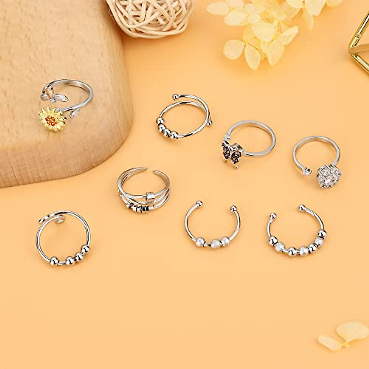 THUNARAZ 8 Pcs Silver Fidget Anxiety Rings for Women Adjustable Sunflower Butterfly Spinner Rings for Anxiety Rotatable Fidget Bead Ring for Stress Relieving with Box
