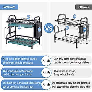 junyuan Dish Drying Rack with Drainboard, 2 Tier Dish Rack with Knife Holder, Utensils Holder,Cutting Board Holder, Dish Drainer for Kitchen Countertop