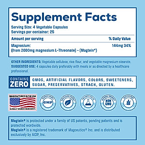 Magnesium L Threonate (Original Magtein Formula) - 2000 mg 100 Vegan Capsules Non-GMO Highly Absorptive Pure Supplement A Vitamin for Cognition Pills are Without Laxative Properties