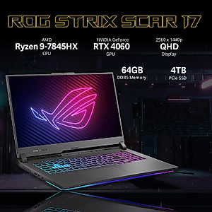 asus ROG Strix G17 Gaming Laptop, 17.3'' QHD 240Hz Display, AMD Ryzen 9 7845HX, GeForce RTX 4060, 64GB DDR5 RAM, 4TB PCIe SSD, RGB Backlit Keyboard, Win 11 Pro, Gray, 32GB Hotface USB Card