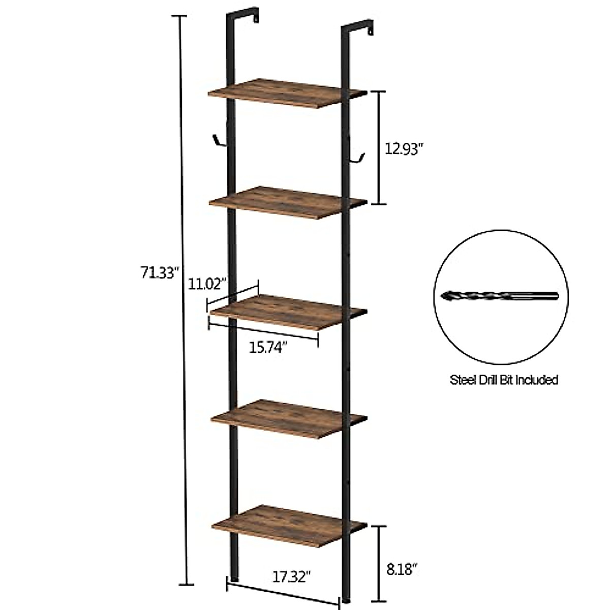 Tohomeor Industrial Bookshelf Wall Mounted 5-Tiers Ladder Shelf Wooden and Metal Narrow Thin Bookshelf Open Display Storage Rack for Living Room Bedroom Home Office (Rustic Brown, Small)