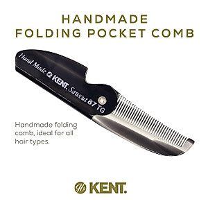 Kent 87T Graphite Handmade Folding Pocket Comb for Men, Fine Tooth Hair Comb Straightener for Everyday Grooming Styling Hair, Beard or Mustache, Saw Cut Hand Polished, Made in England