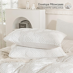 JELLYMONI Ultra-Soft Microfiber 3pc Tufted Duvet Cover Set, White Boho Textured Bedding Cover Jacquard Rhombus Geometric Pattern Reversible Comforter Cover with Zipper Closure & Corner Ties (King)