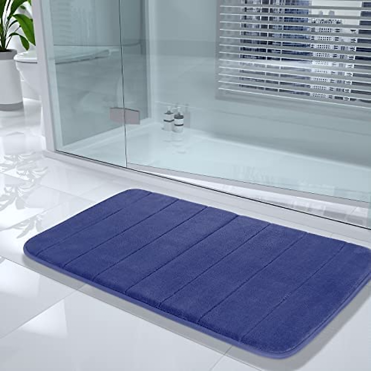 Yimobra Memory Foam Bath Mat Large Size, 31.5 x 19.8, Super Soft Non-Slip Bathroom Rug, Water Absorption, Machine Wash, Thick, Comfortable, Easier to Dry for Bathroom Mat, Tub and Shower, Navy Blue