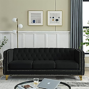 80" Couches for Living Room, Modern Button Tufted Velvet Upholstered Sofa Couch with Square Armrests Inlaid with Gold Nail Heads and 4 Golden Metal Legs for Office, Living Room, Apartment, Black