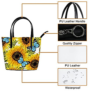 Shoulder Bag Tote Bags for Women Sunflowers Blue Butterflies Leather Shopper Work Handbags Large Casual Bag