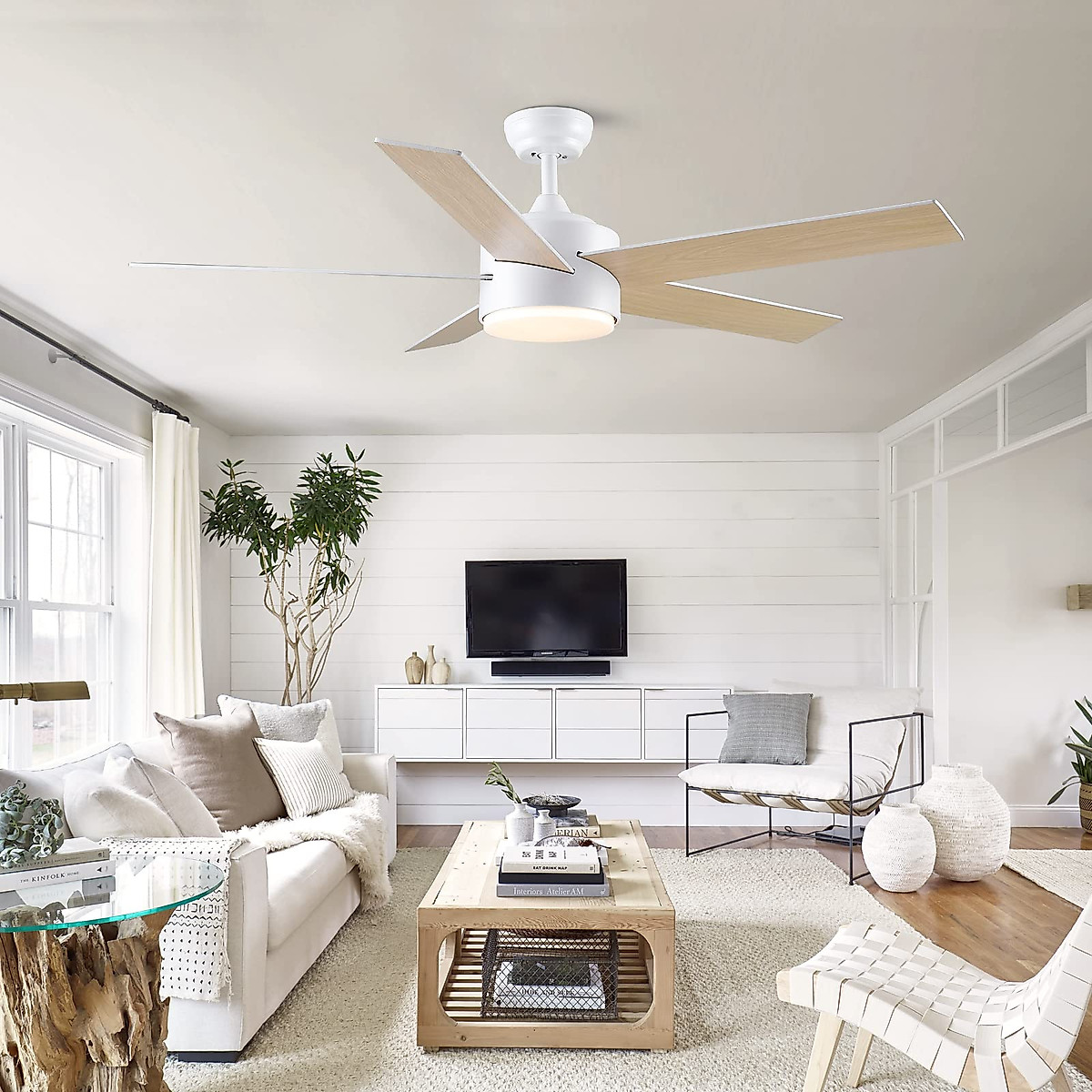 POCHFAN 52 inch White Ceiling Fans with Lights and Remote, Wooden 5 Blades LED Modern Ceiling Fan for Bedroom, Living Room, Dining Room, 3 CCT 6-Speed Quiet Reversible