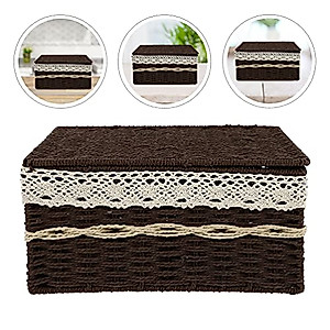 CLISPEED Wicker Storage Basket Woven Basket with Lid Rectangular Decorative Tray Bathroom Storage Organizer Basket for Pantry Toilet Bathroom Bedroom Patio