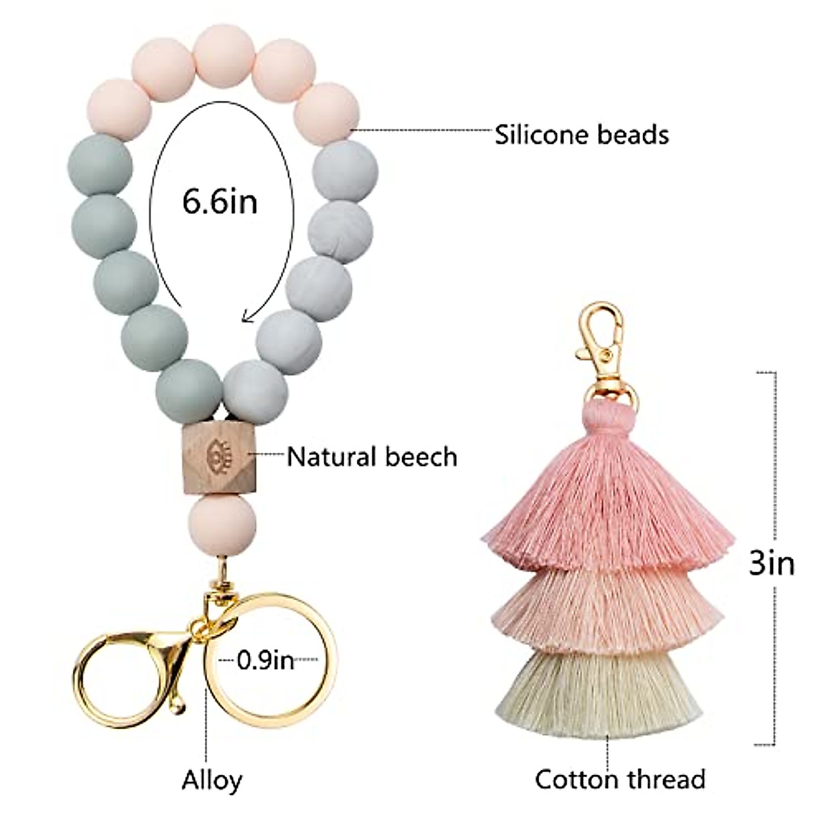 Bisanzoya Beaded Keychain with Tassel, Silicone Key Ring Bracelet, Boho Car Key Chain Wristlet Cute Tassel for Women and Girls (Pink)