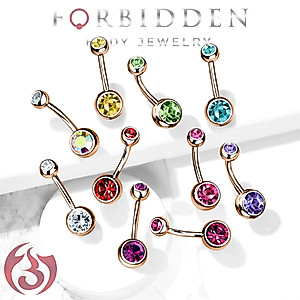 Forbidden Body Jewelry Rose Gold IP Plated Surgical Steel Double CZ Crystal Belly Button Ring (Aurora Borealis)
