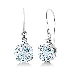 Gem Stone King 14K White Gold Sky Blue Aquamarine Leverback Dangle Earrings For Women (1.53 Cttw, Gemstone March Birthstone, Round 6MM)