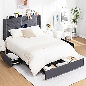 COMHOMA Bed Frame Queen Size with Type-C & USB, Queen Size Bed Frame with 3 Storage Drawers, Upholstered Bed Frame Queen with Wingback Headboard, Steel Slats Support, Dark Grey